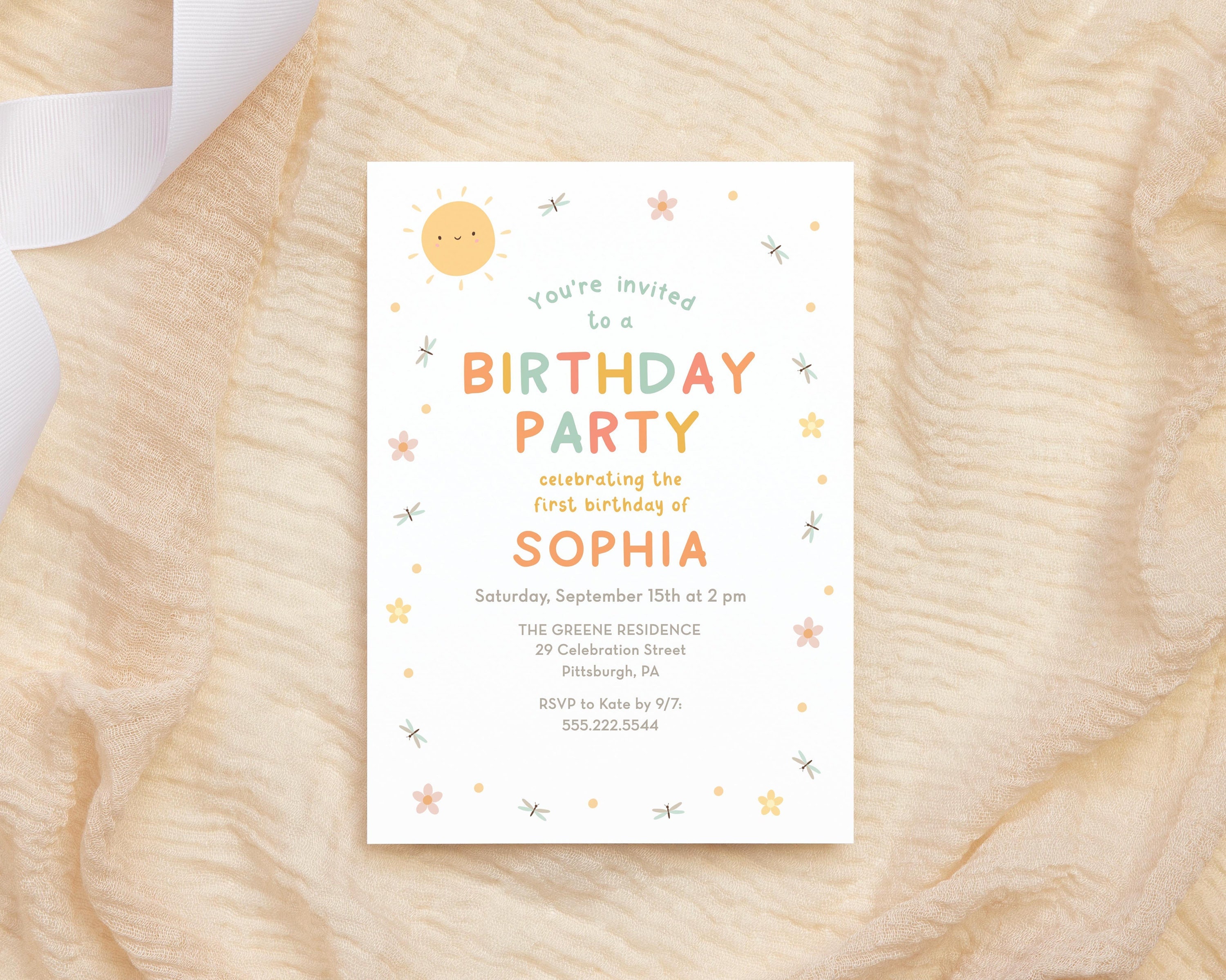 Editable Sunshine and Dragonflies Birthday Party Invitation - Etsy