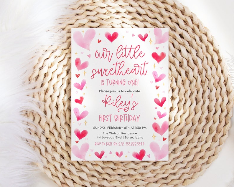 Pink Hearts First Birthday Party Invitation Template Our - Etsy
