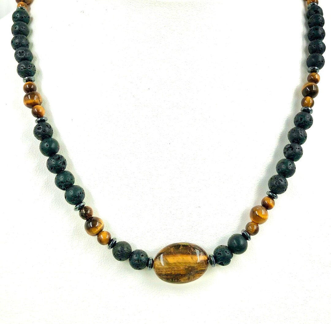 Lava and Tiger’s Eye Necklace, Volcano Lava Stone, Unisex - Etsy