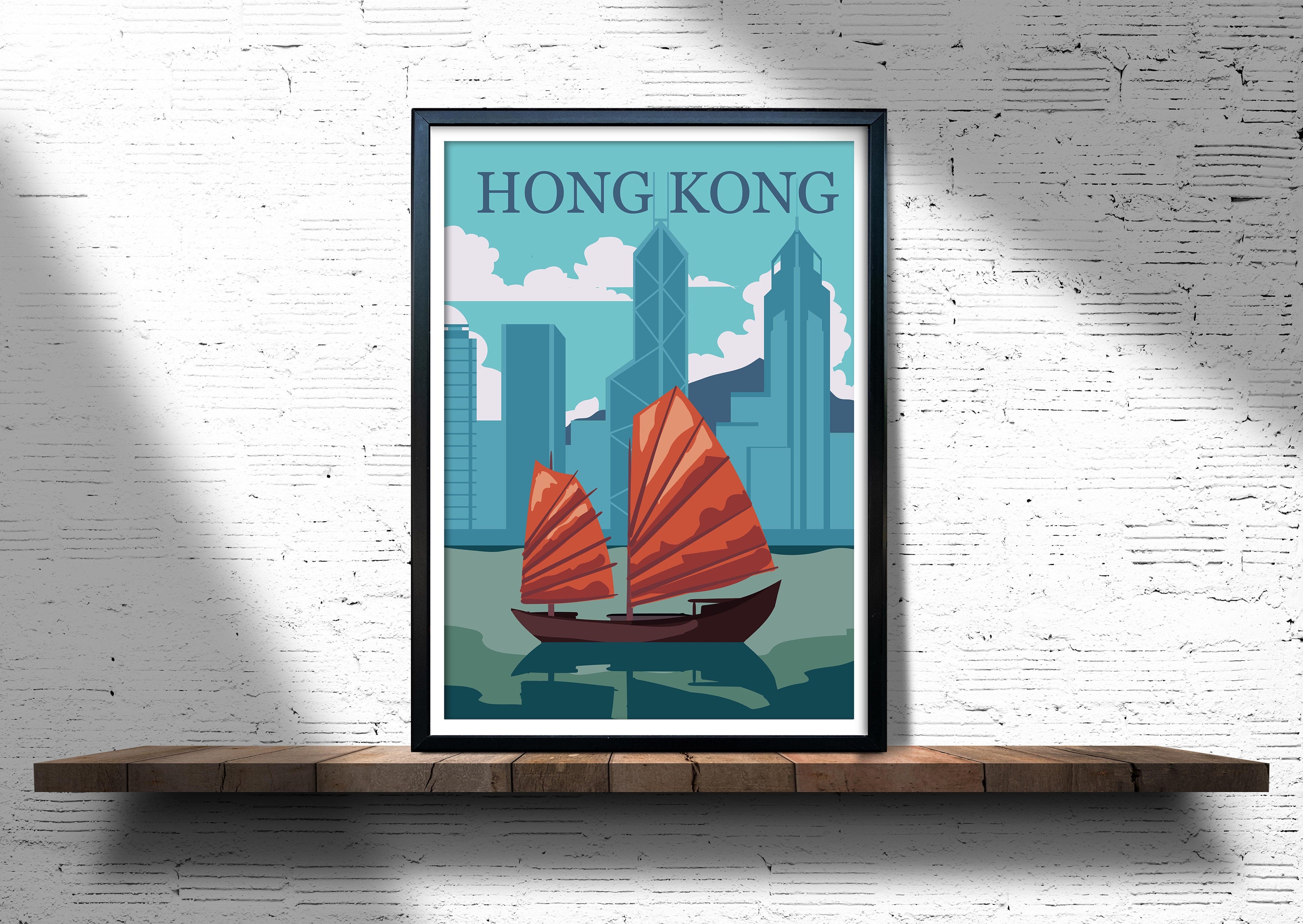 Hong Kong Retro Travel Poster: City Skyline Art Print - Etsy