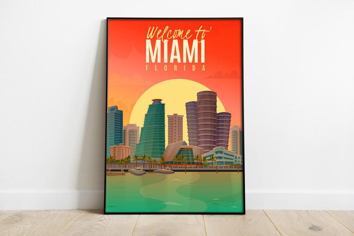 Miami retro poster Miami city poster Miami beach travel | Etsy
