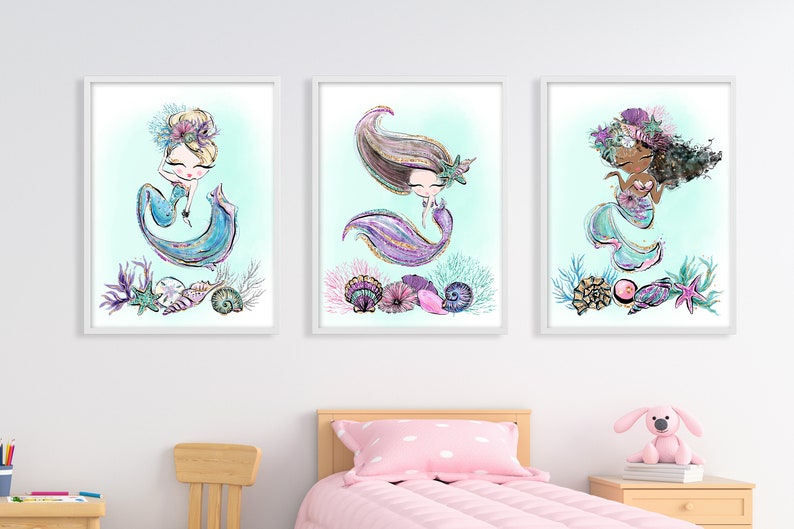 Mermaid Nursery Wall Prints Mermaid Nursery Wall Decor - Etsy