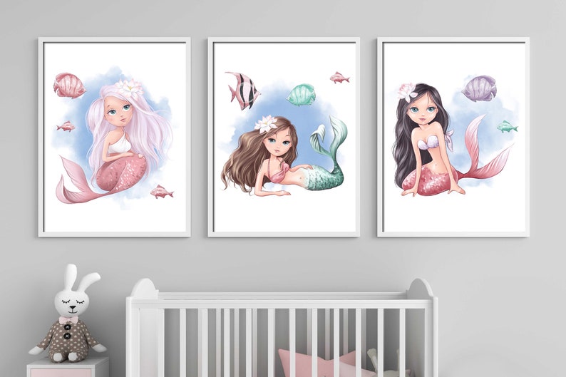 Mermaid Wall Art Prints Mermaids Nursery Wall Decor | Etsy