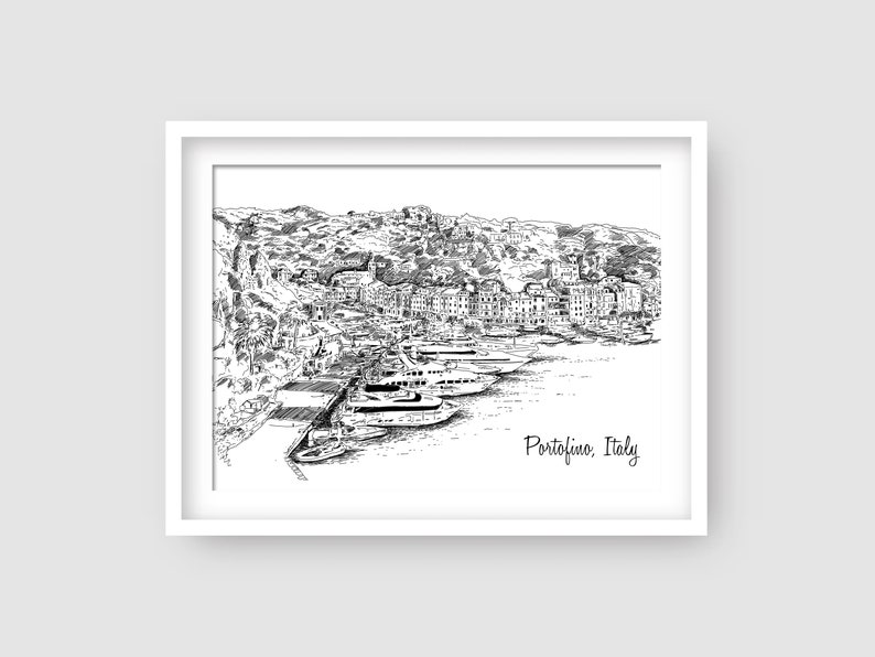 Portofino sketch Portofino Italy illustration print home | Etsy