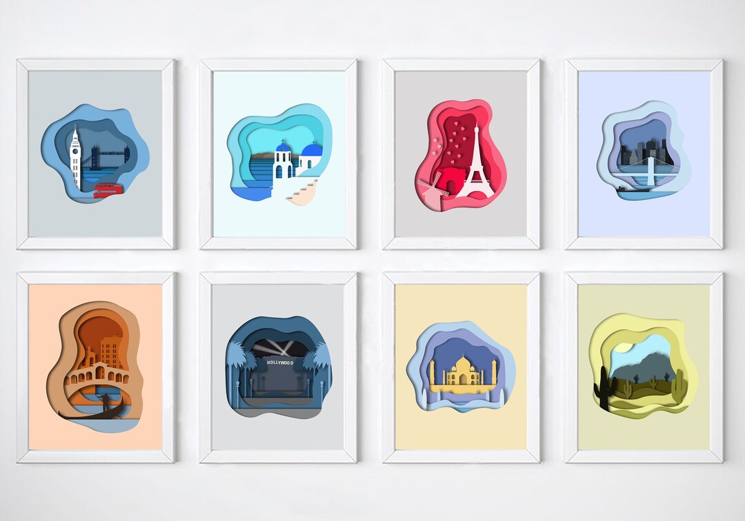 Set of 8 Famous Cities and Landmarks Wall Art Prints, Layered Effect ...