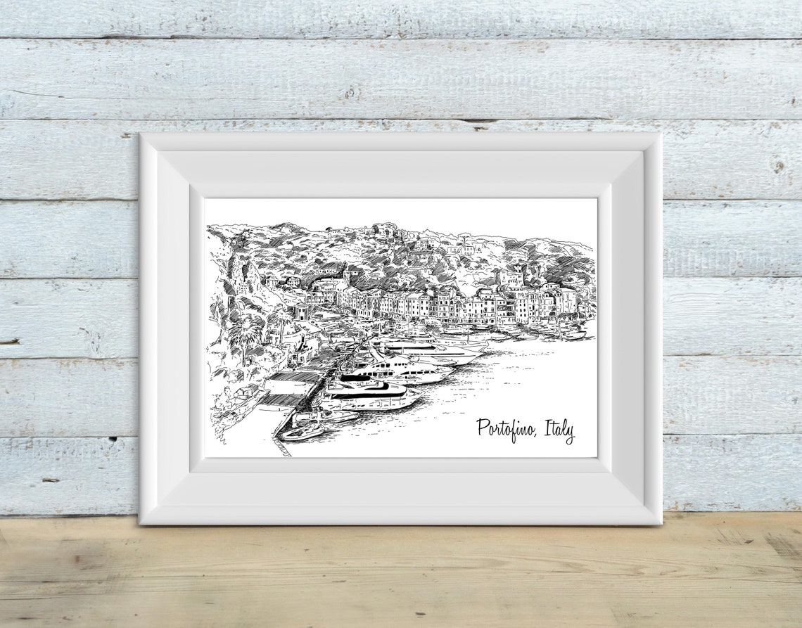 Portofino sketch Portofino Italy illustration print home | Etsy