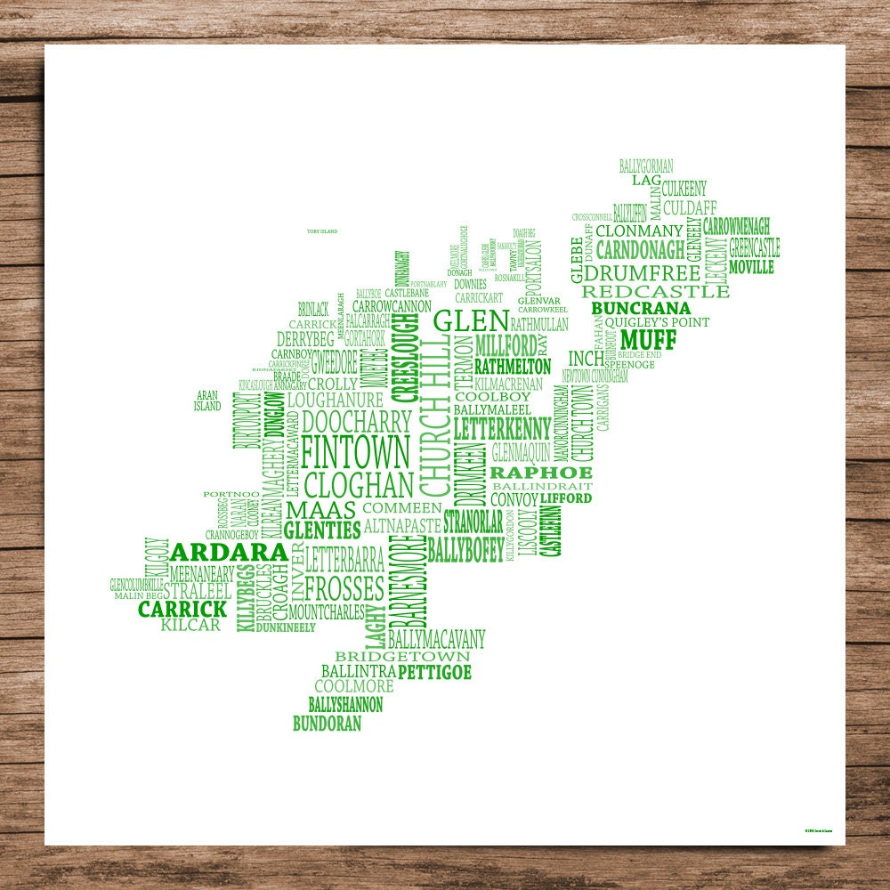 Donegal Typographical Map of County Donegal Ireland - Etsy