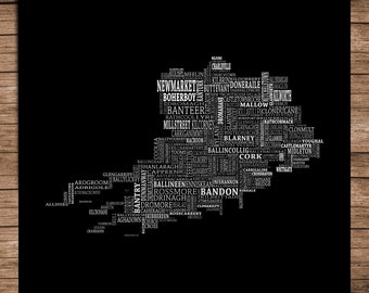 Cork Typographical Map of County Cork Ireland digital - Etsy