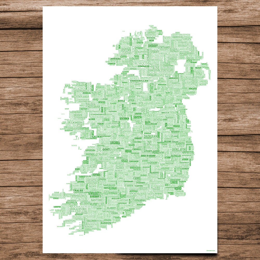Typographical Map of Ireland Poster - Etsy