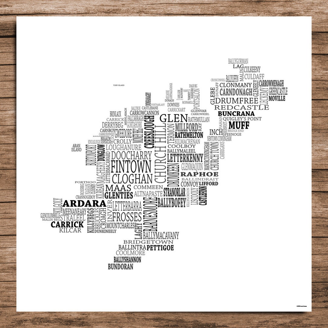 Donegal - Typographical Map of County Donegal, Ireland - Etsy