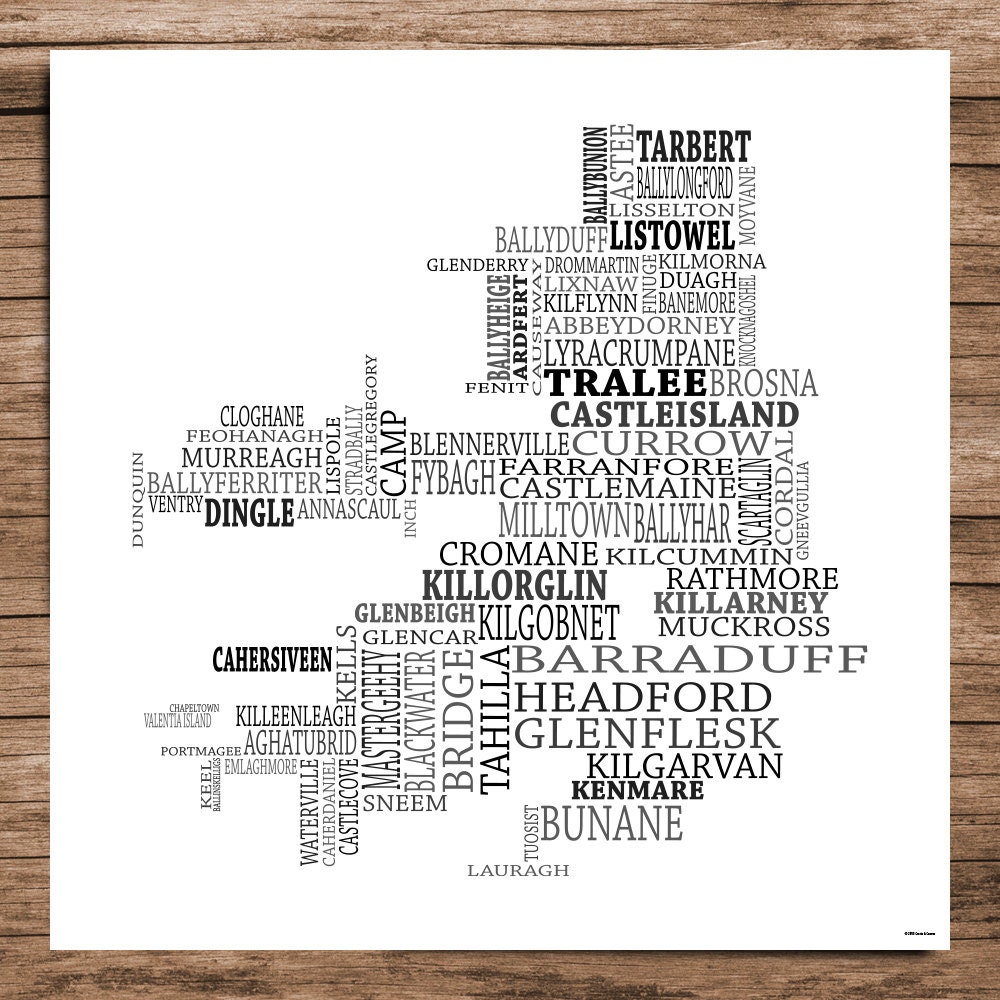 Kerry Typographical Map of County Kerry Ireland | Etsy