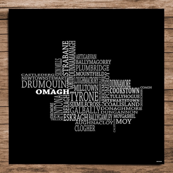 Tyrone Typographical Map of County Tyrone Ireland digital | Etsy