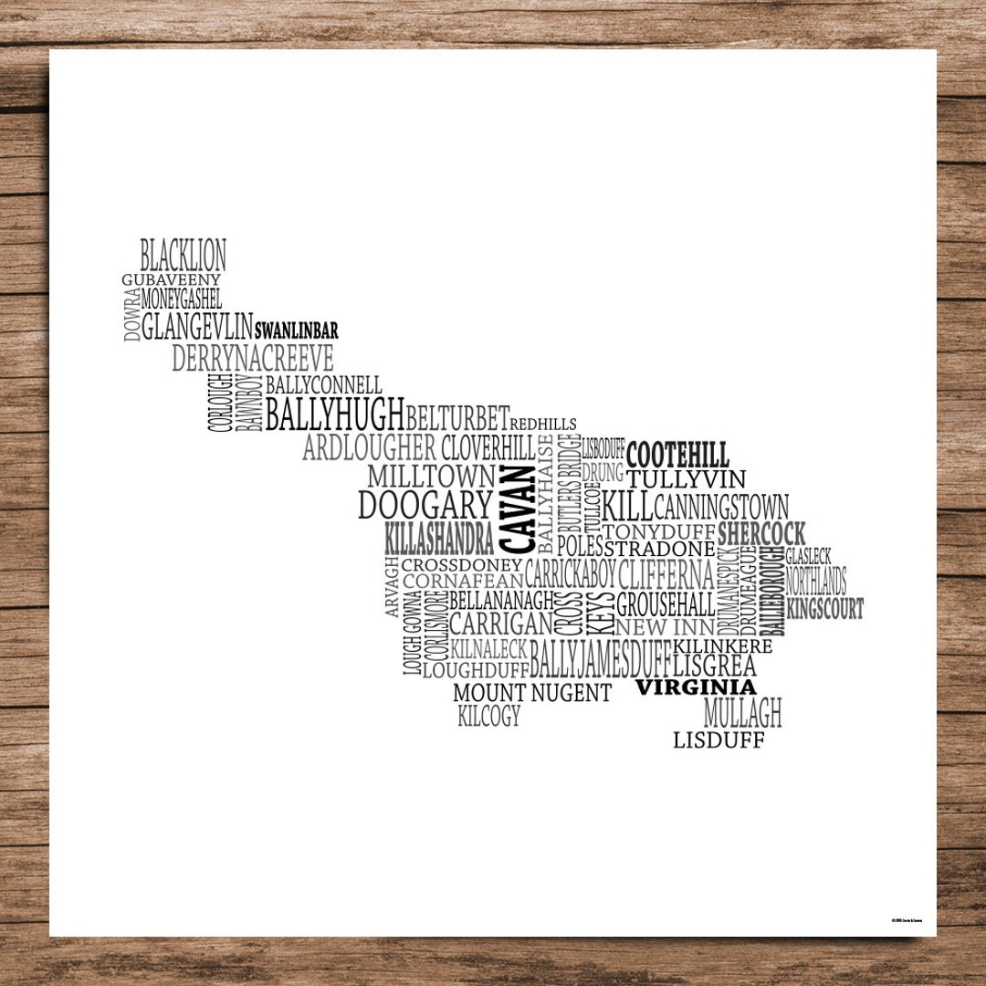 Cavan - Typographical Map of County Cavan, Ireland - Etsy