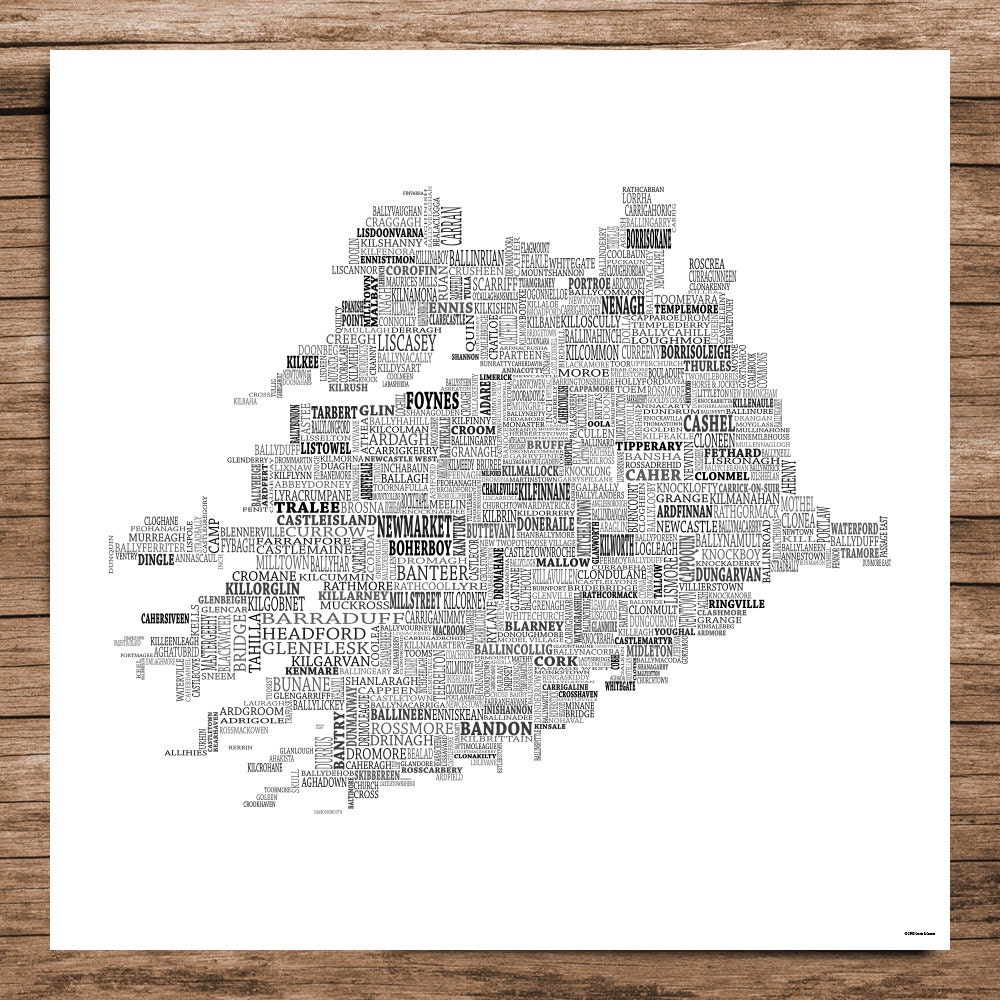 Munster Typographical Map Munster Ireland - Etsy