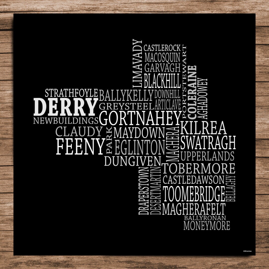 Derry - Typographical Map of County Derry, Ireland (digital Download ...