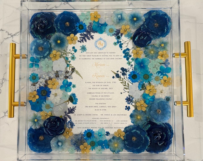 Personalized Wedding Invitation Tray With Blue White Gold Dry Flower ...