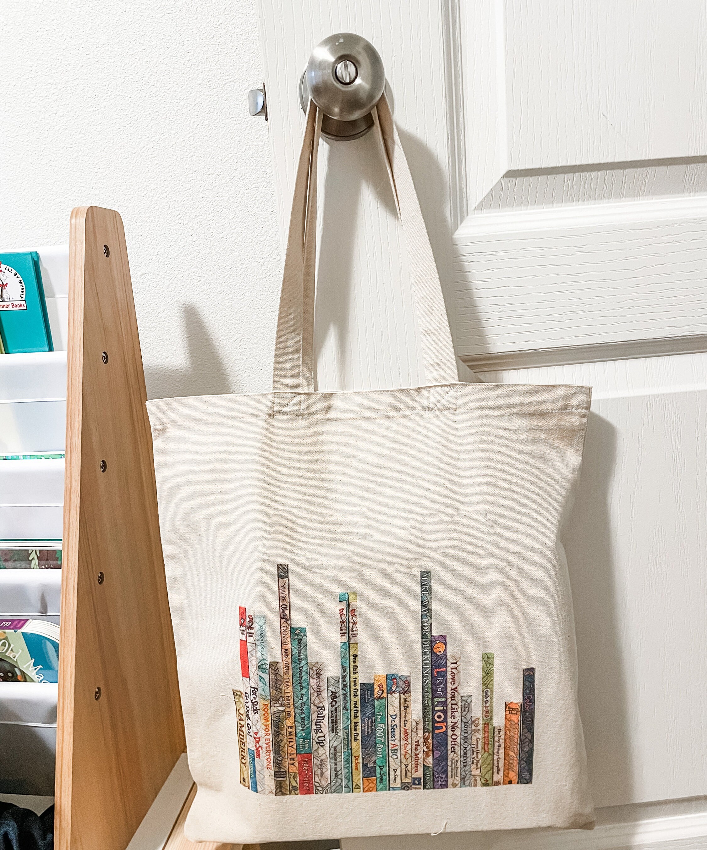 Children's Mosaic Bookshelf Library Canvas Tote Bag | Premium Canvas ...