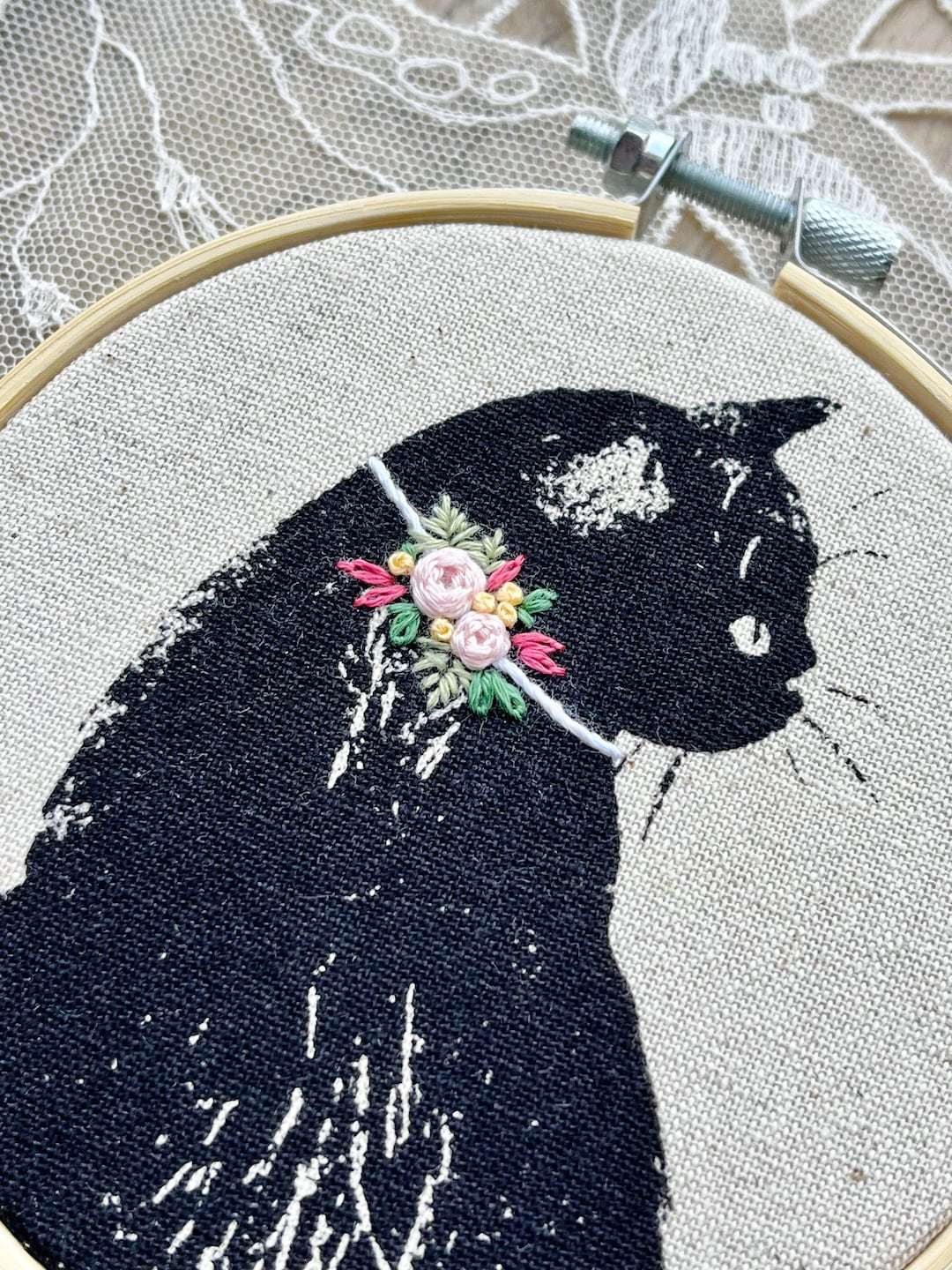 Pink Roses Cat Embroidery Hoop Art, Black Cat With Floral Collar, Cat ...