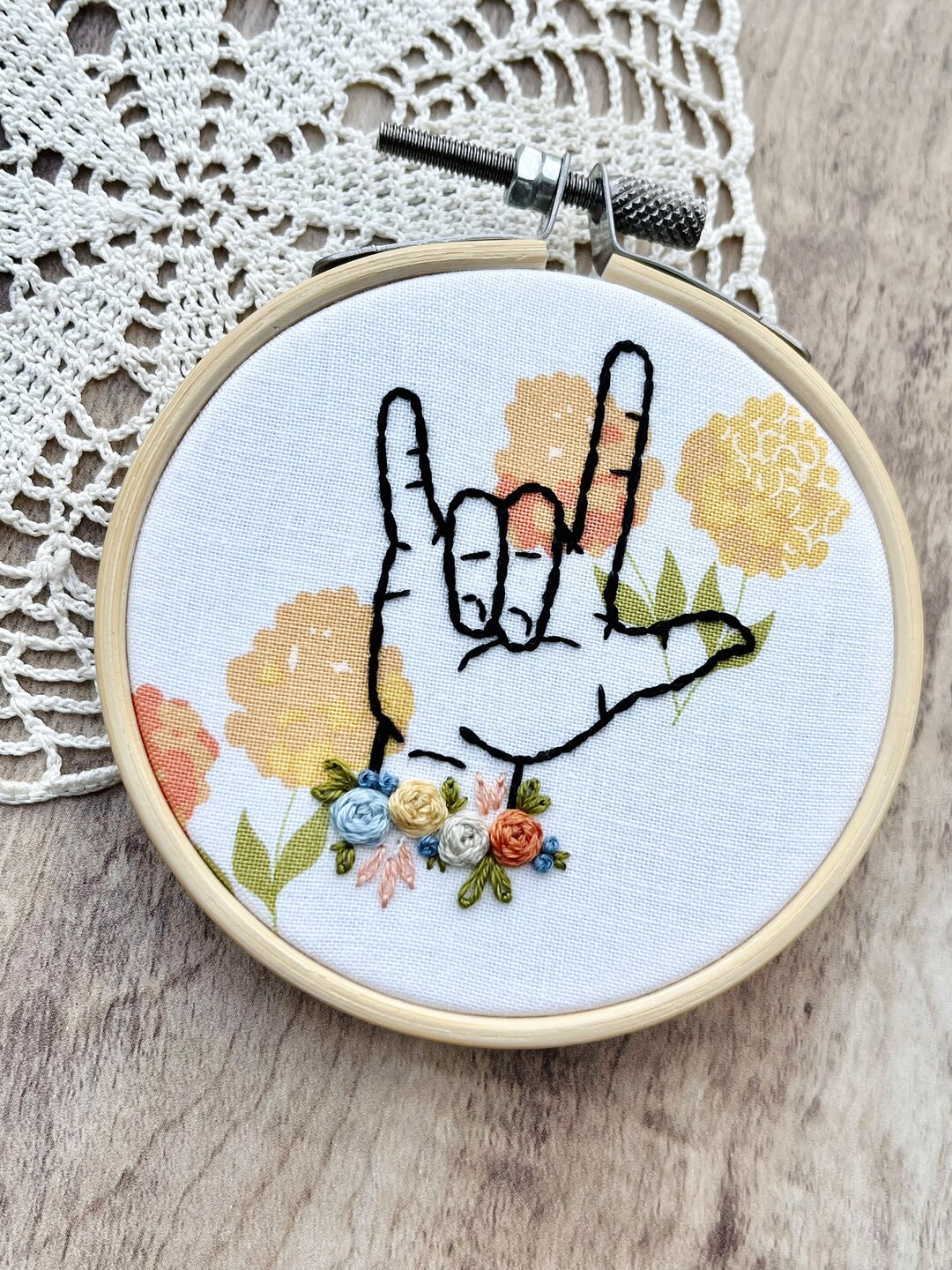 Peach Floral ASL I Love You Embroidery Hoop Art American Sign - Etsy