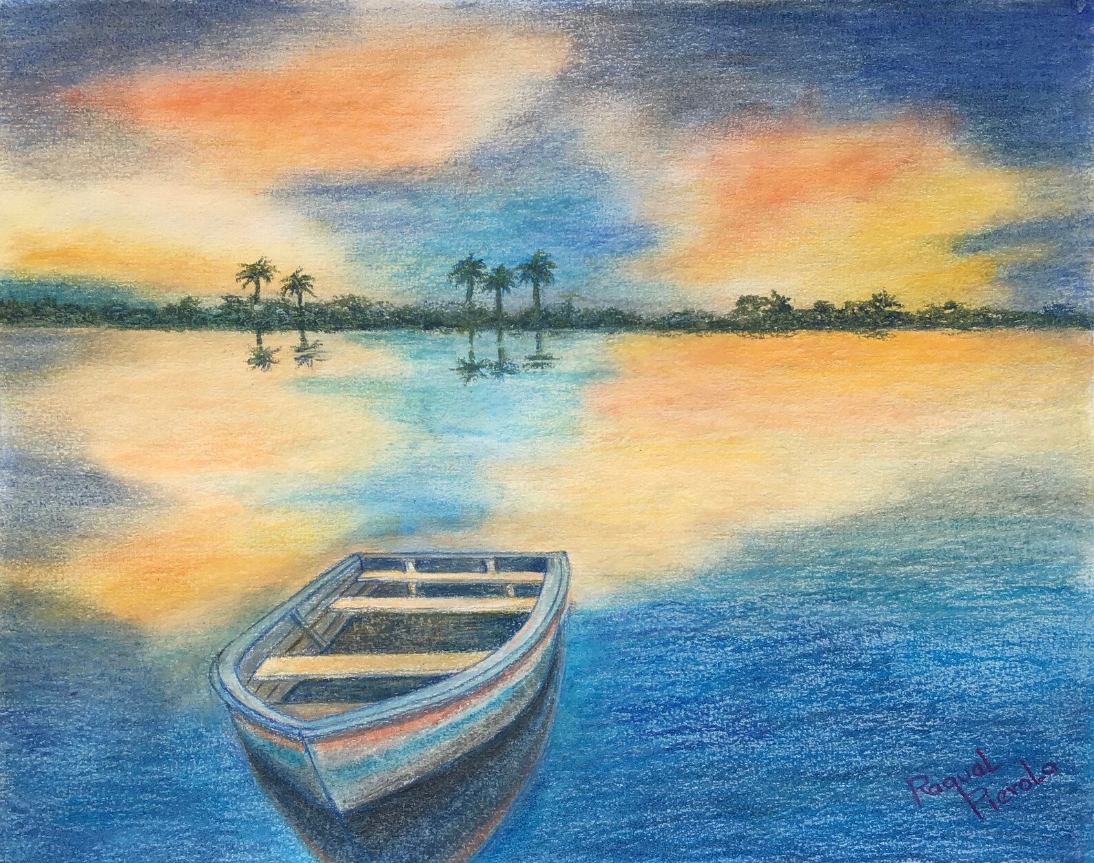 Boat in a Sunset Colorful Oil Pastel Painting 100% Original Oil Pastel ...