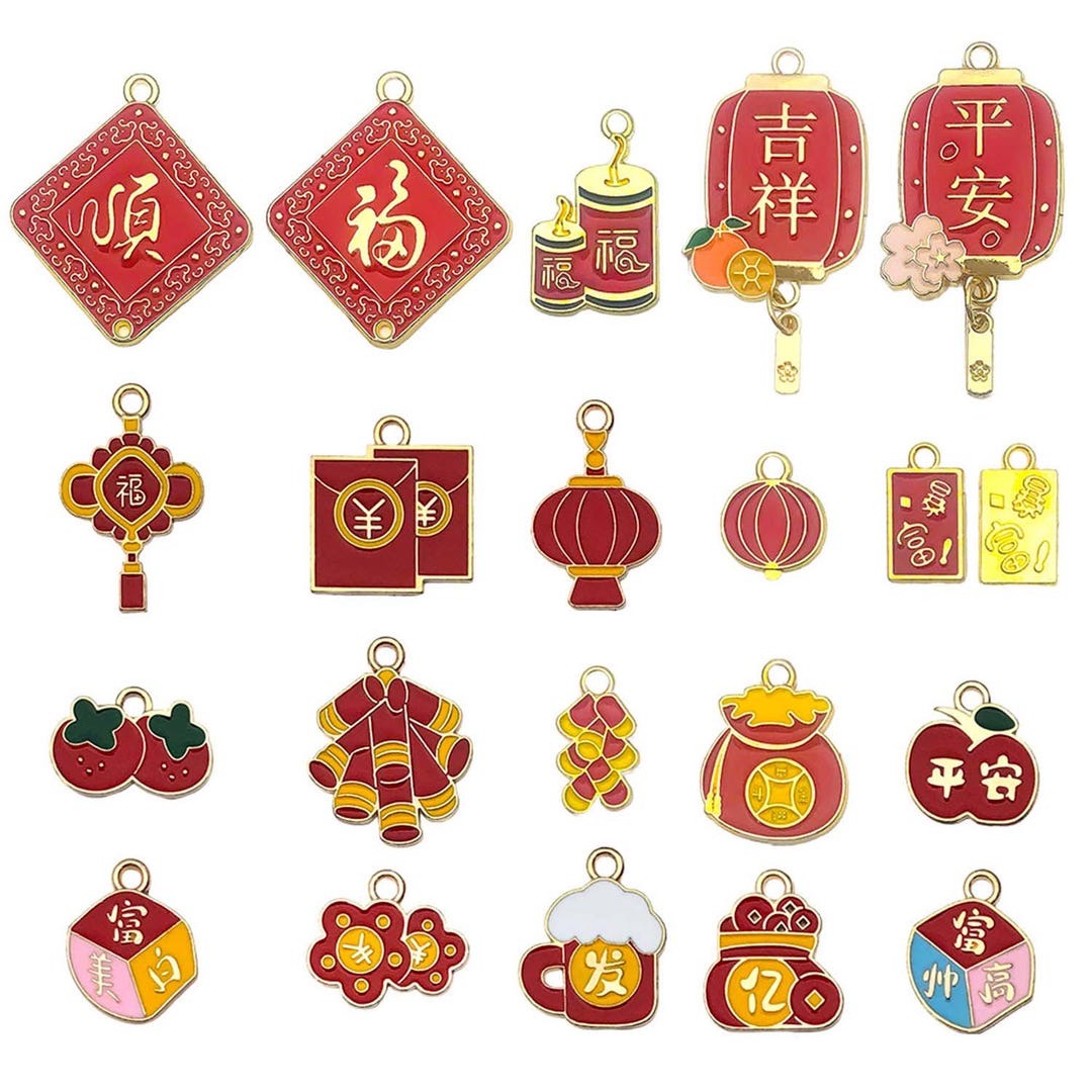 5/10pcs Red Enamel Chinese New Year Charms Alloy Lucky Blessings ...