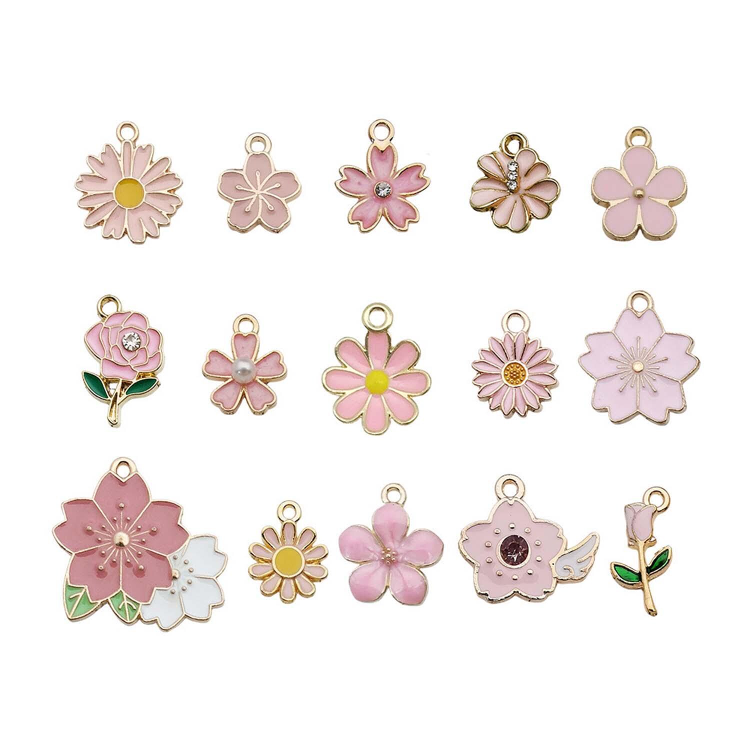 10/20pcs Enamel Pink Flower Design Charms Alloy Sunflower, Daisy, Rose ...