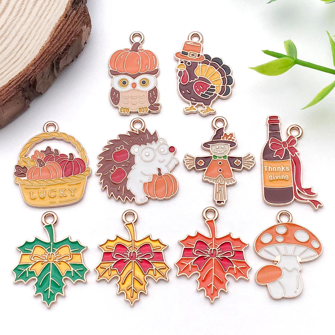 10pcs Enamel Thanksgiving Decoration Charms Alloy Maple Leaf, Pumpkin ...