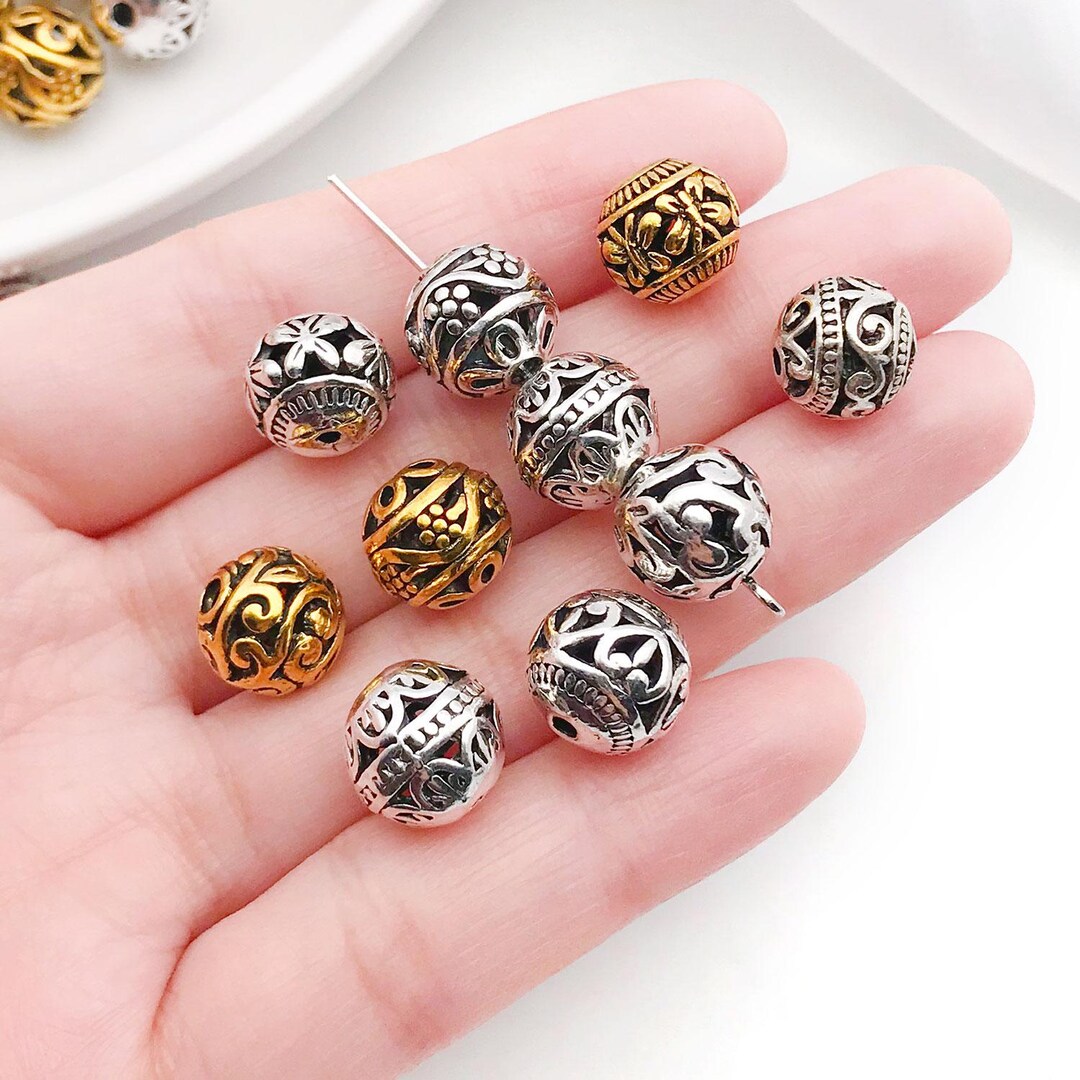 10/20/30pcs Vintage Round Hollow Large Hole Beads, Alloy Spacer Beads ...