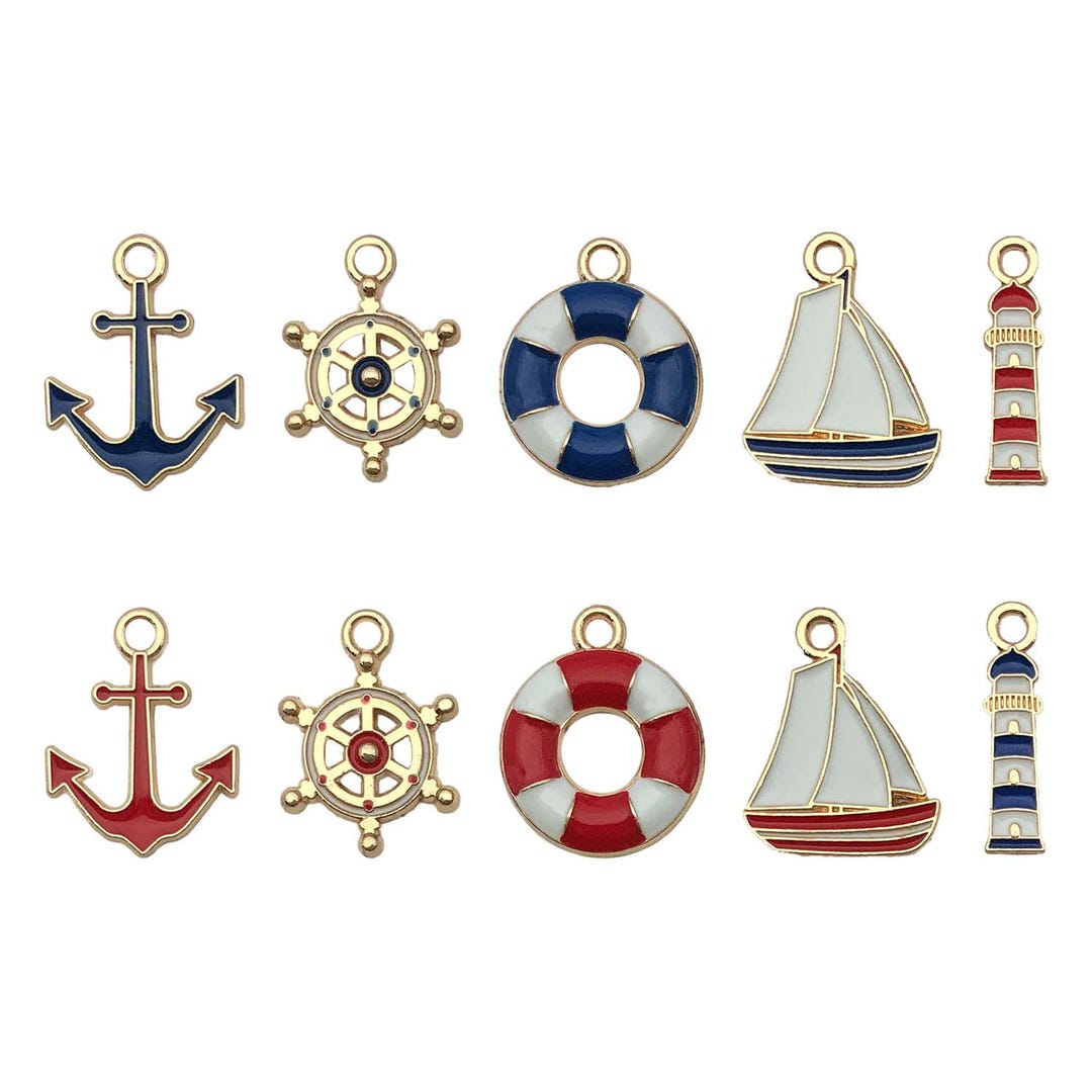 5/10pcs Enamel Nautical Charms Alloy Lighthouse, Anchor, Lifebuoy, Sail ...