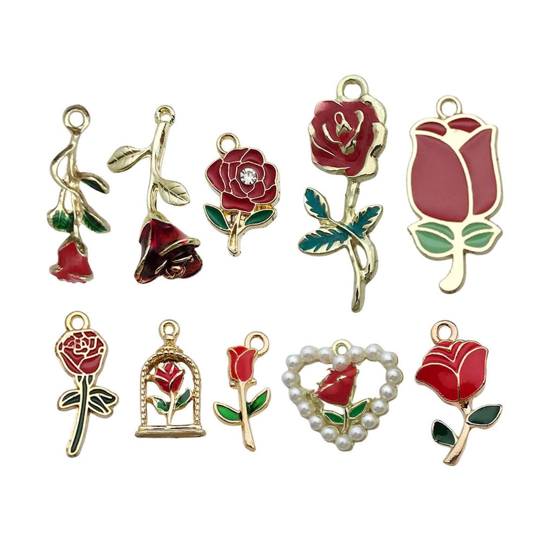 5/10pcs Enamel Red Rose Flower Design Charms Alloy Flower Pendants for ...