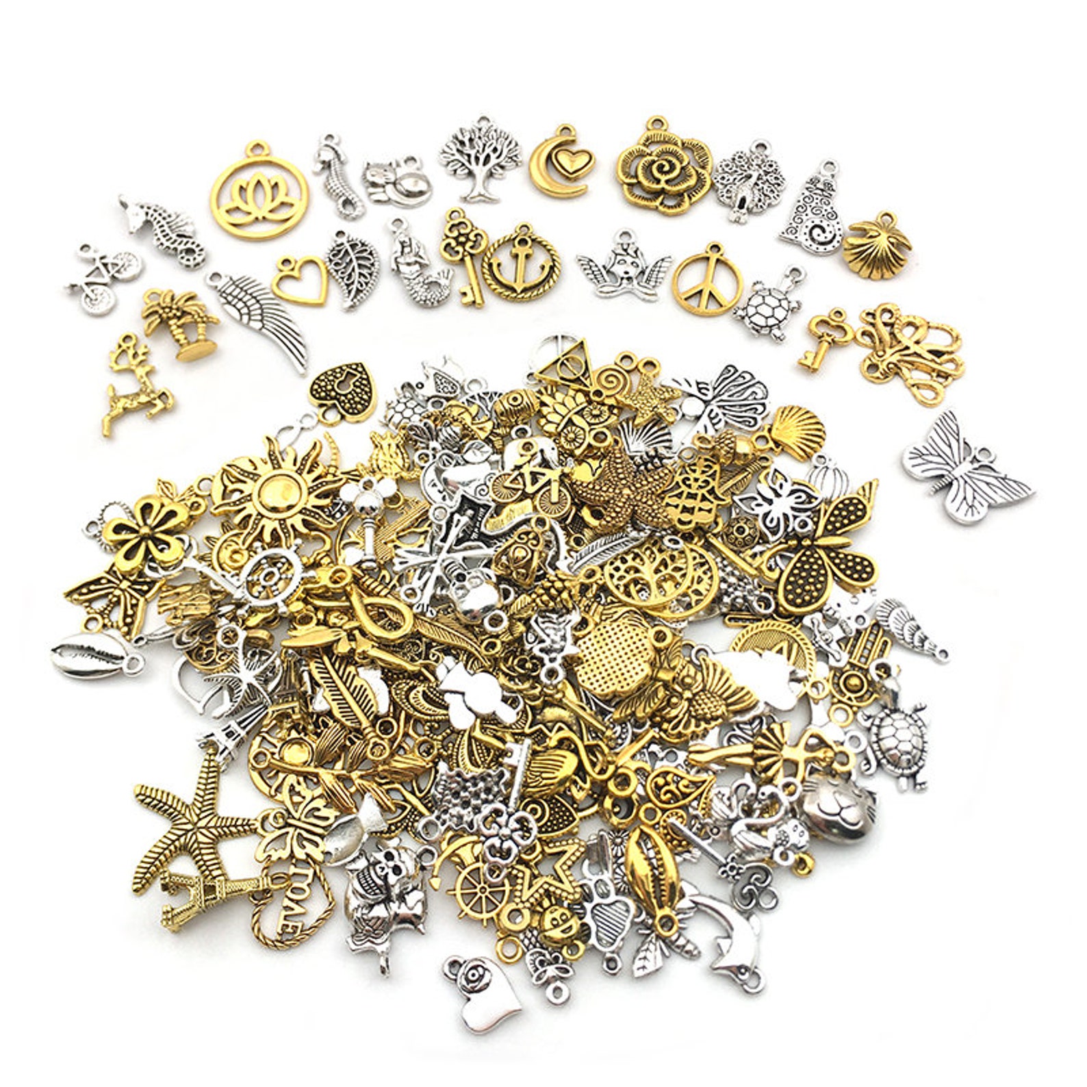 200pcs Assorted Mixed Charms in BULK Antique Silver Tone，antique Gold ...