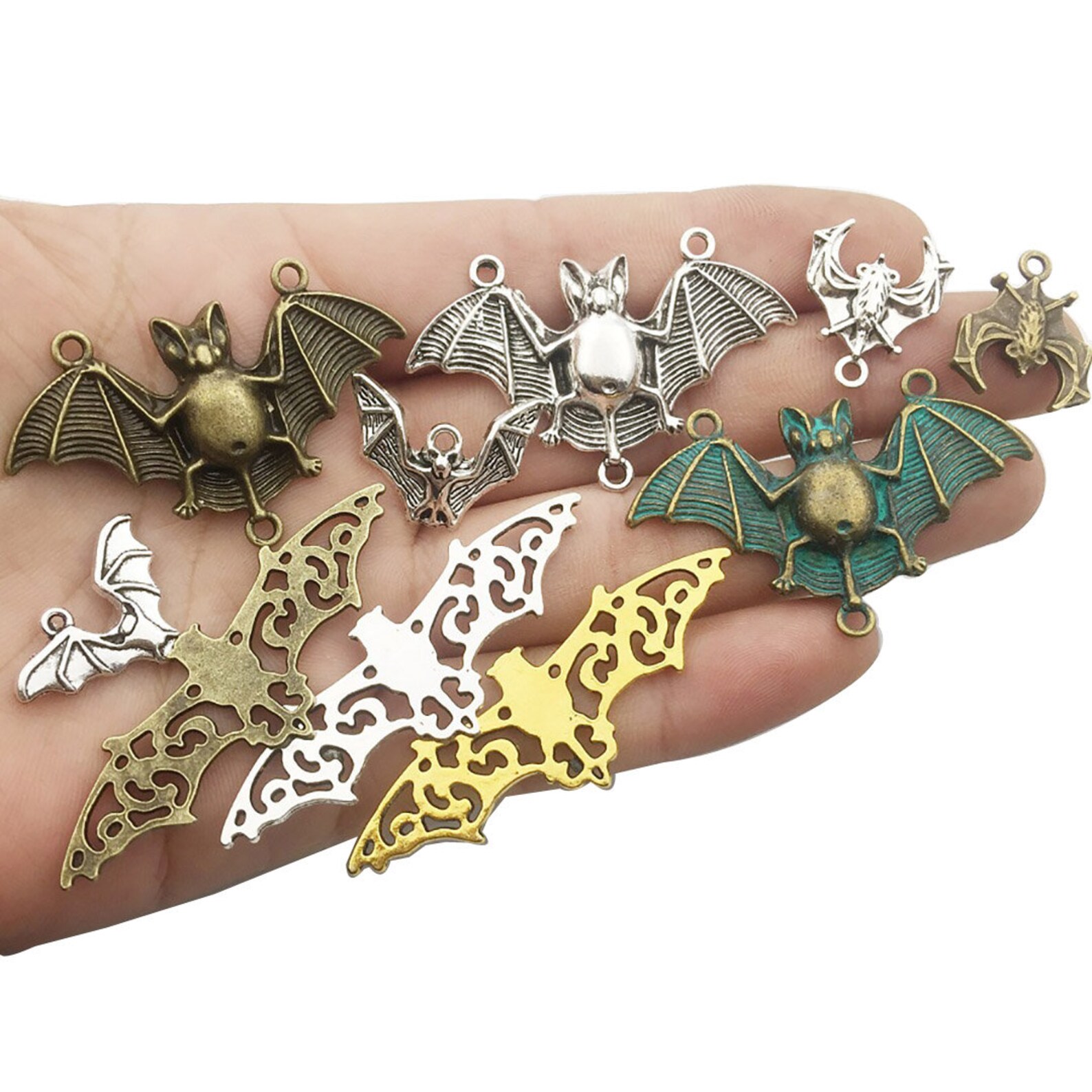 100g Big Bat Charms Collection - Antique Silver Gold Green Connector ...