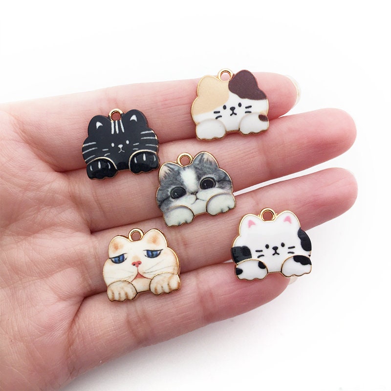 5/10/15pcs Enamel Cat Charms Cartoon Cat Head Gold Plated - Etsy