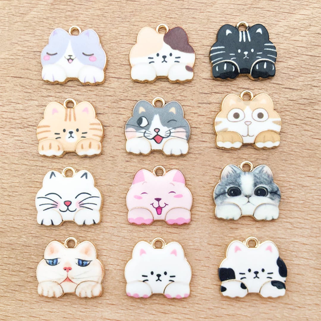 5/10/15pcs Enamel Cat Charms Cartoon Cat Head Gold Plated Enamel ...