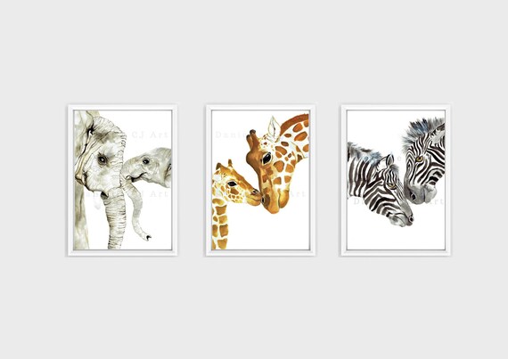 Set of Three Safari Animal Prints Mother and Baby Animal - Etsy Australia