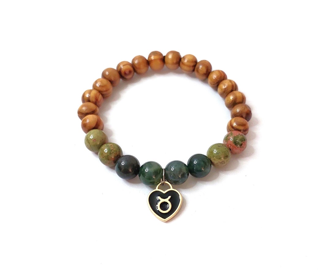Taurus Heart Bracelet With Green Moss Agate and Unakite - Zodiac ...