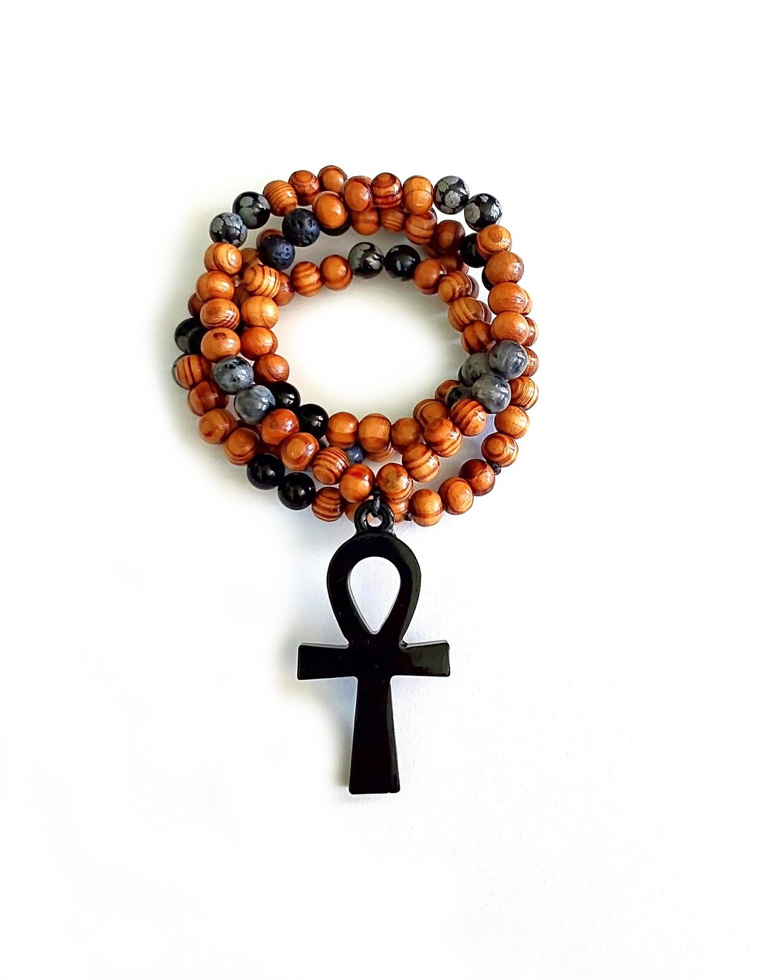 108 Ankh Mala Beads Black Ankh Necklace, Egyptian Cross Necklace, 108 ...