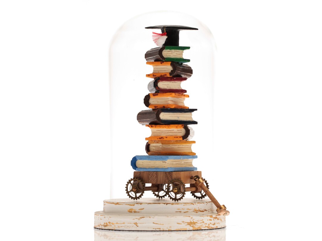 Small Wooden Sculpture of a Book on a Cart in Glass Cloche. an ...