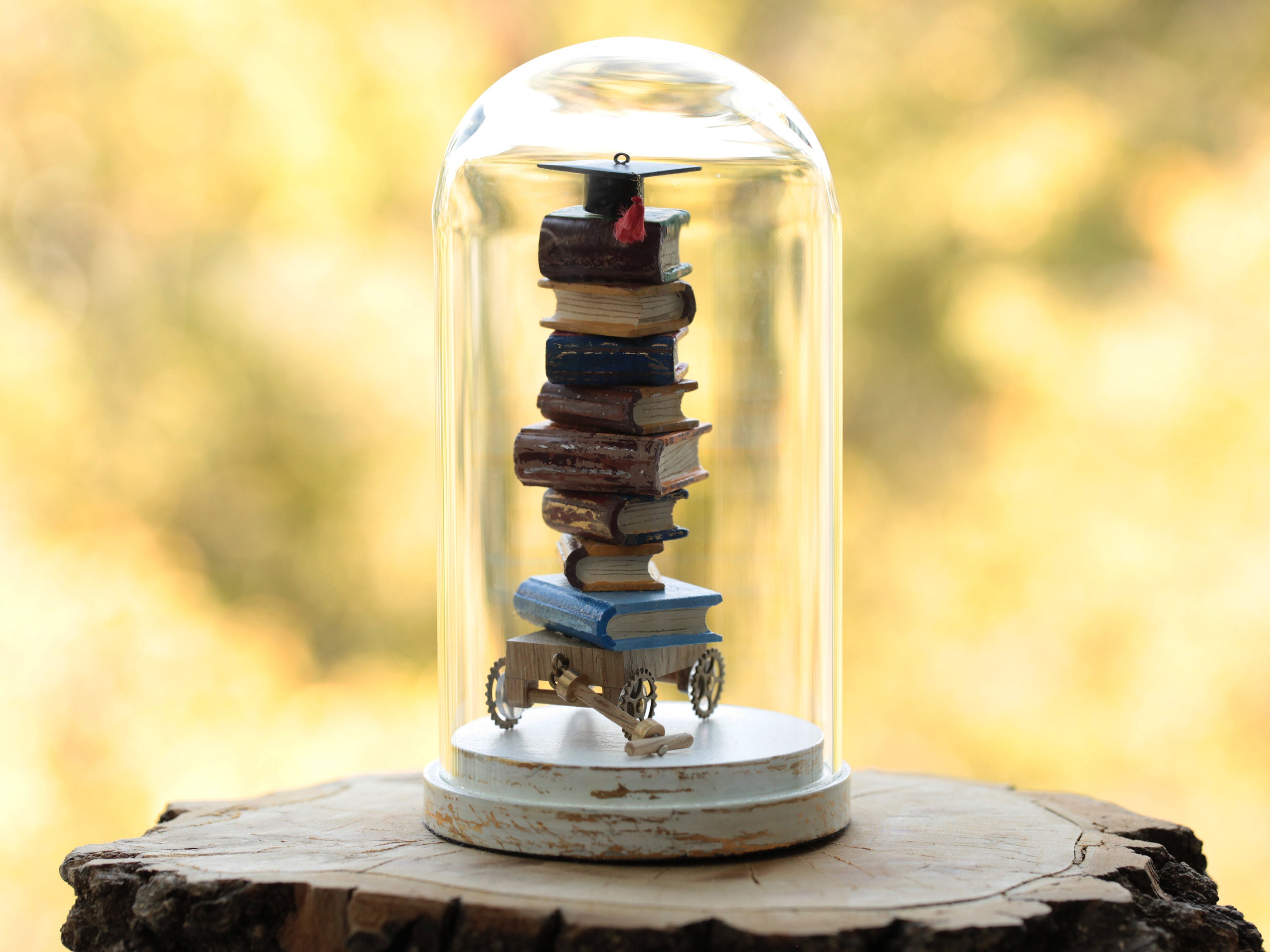 Small wooden sculpture of a book on a cart in glass cloche. An | Etsy