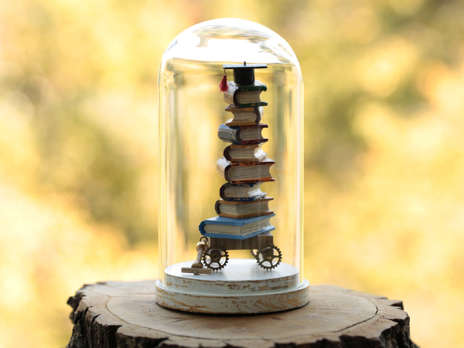 Small wooden sculpture of a book on a cart in glass cloche. An | Etsy