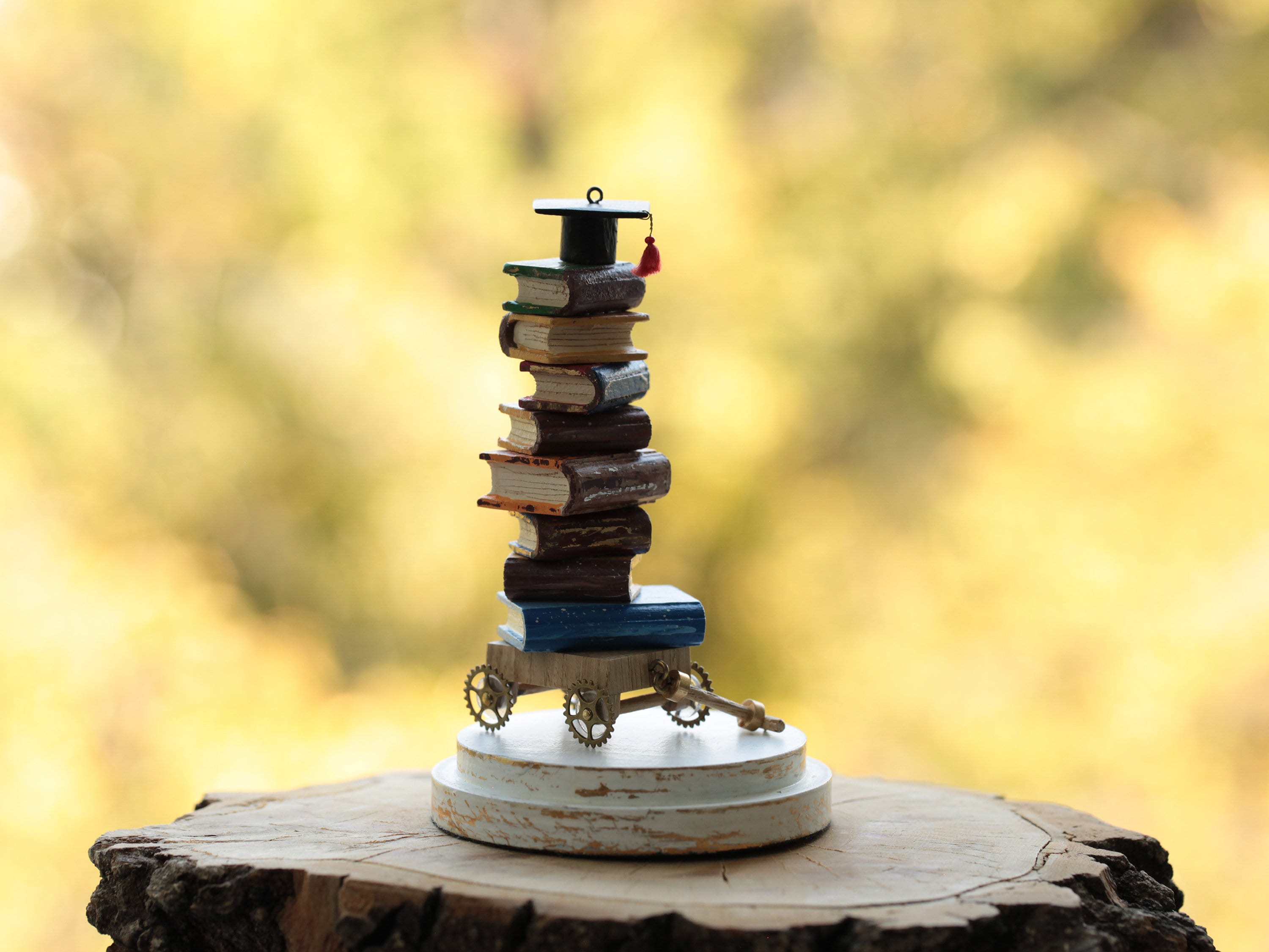 Small wooden sculpture of a book on a cart in glass cloche. An | Etsy