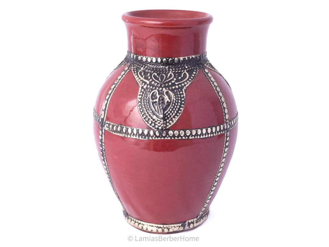 Handmade Moroccan Red Ceramic Vase – Rustic Boho Home Decor Centerpiece ...
