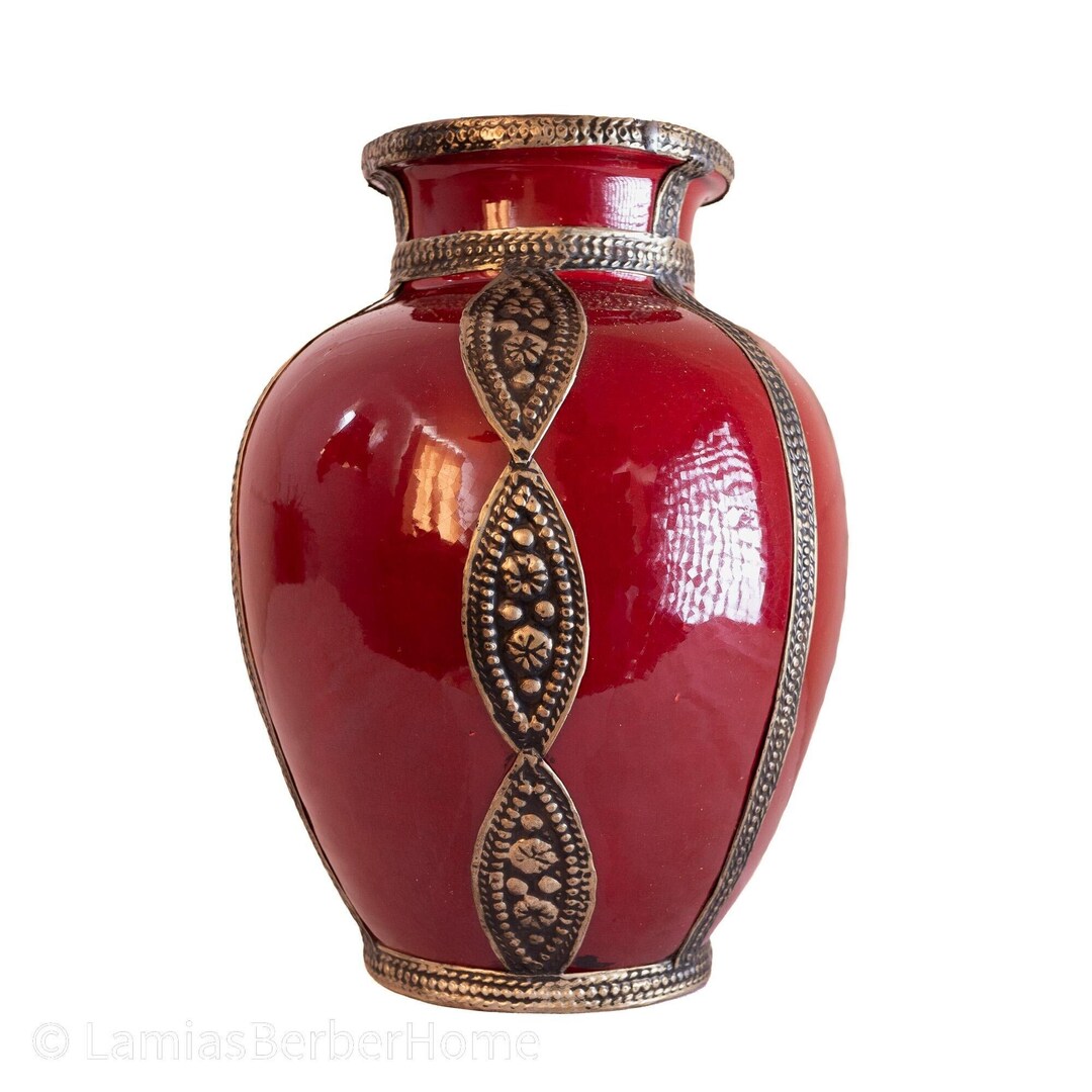Large Moroccan Red Handmade Vase, Handpainted Glazed Clay Pottery Vase ...