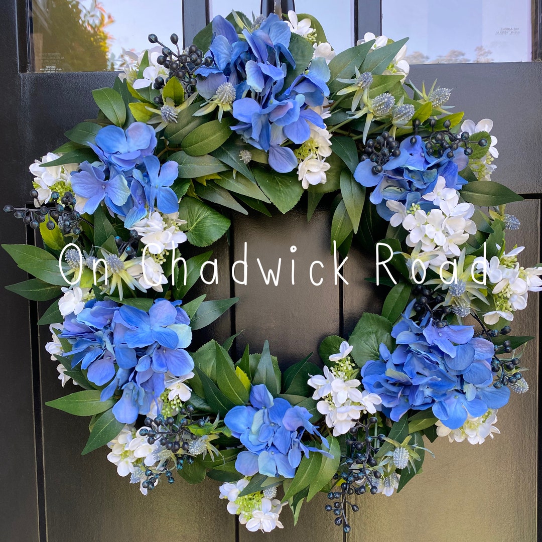 Shades of Blue Wreath, Blue Hydrangea Wreath, Blueberry Summer Wreath ...