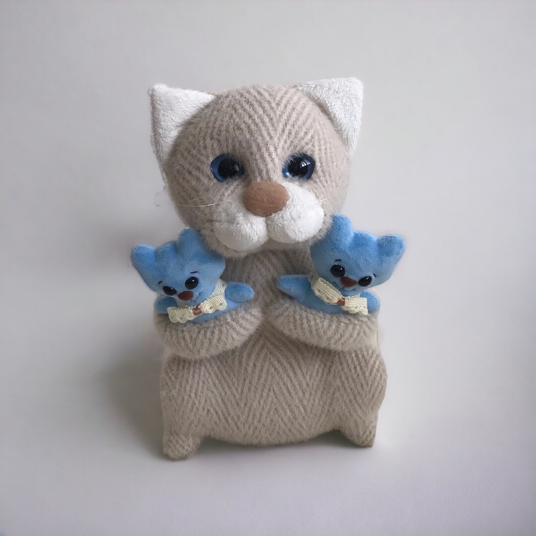 Plushie Zodiac Sign Gemini, Beige Plush Cat With Two Little Blue Bears ...