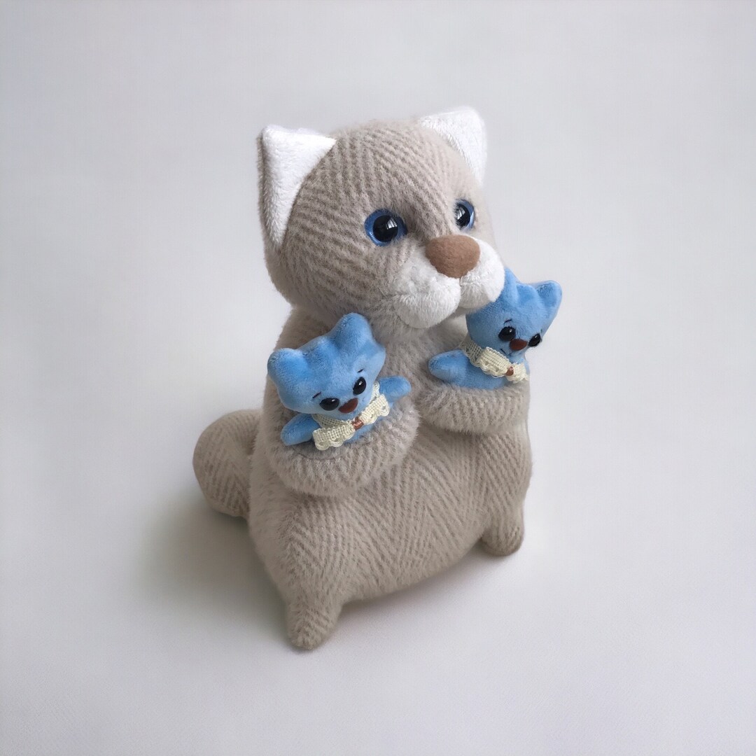 Plushie Zodiac Sign Gemini, Beige Plush Cat With Two Little Blue Bears ...