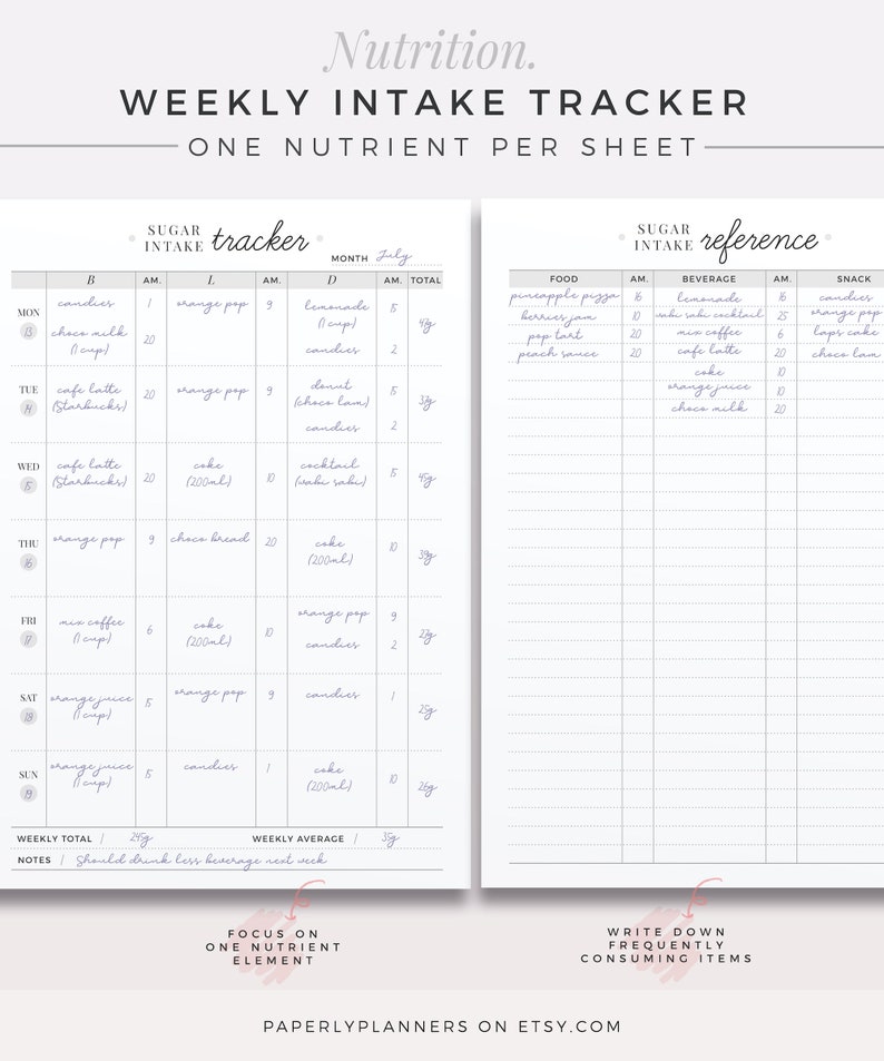 Weekly Intake Tracker Diet Planner, Printable Planner Inserts ...