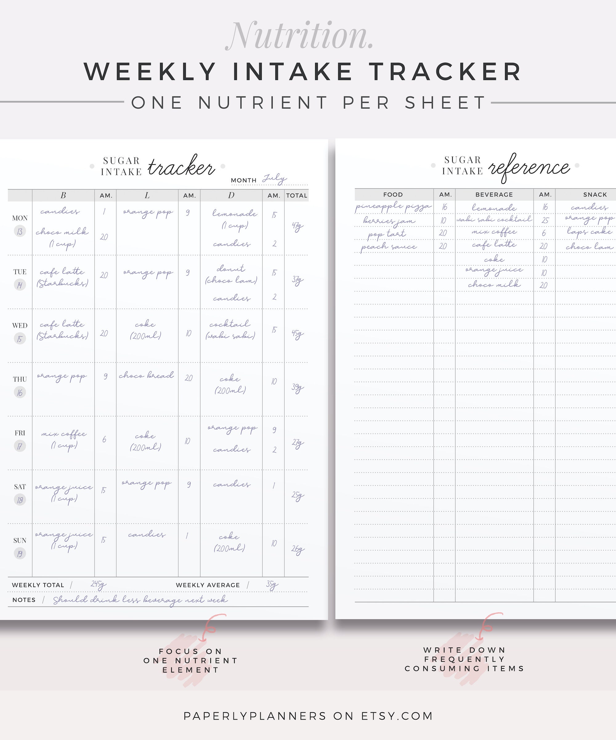 Weekly Intake Tracker Diet Planner, Printable Planner Inserts ...