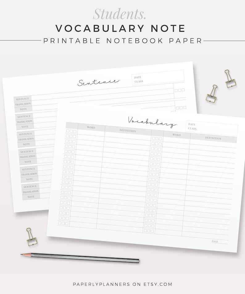 STUDENTS Voca Note Template, Printable Note Inserts, Vocabulary ...