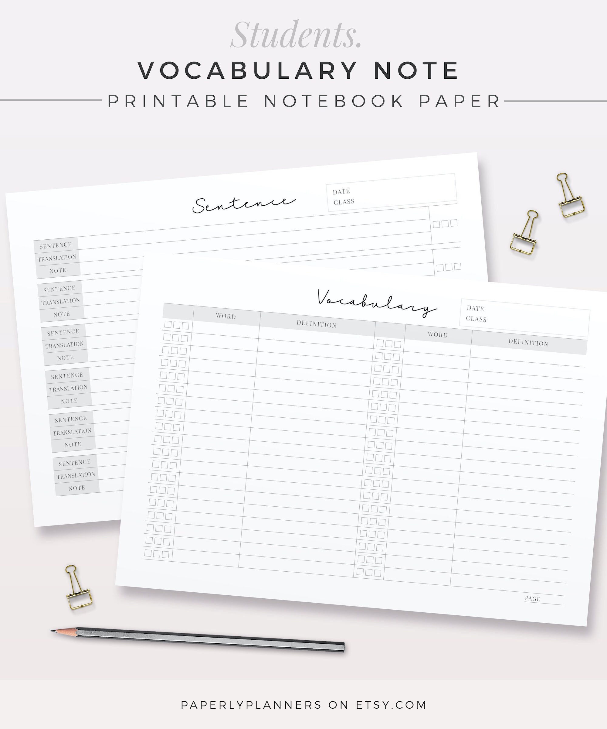 STUDENTS Voca Note Template, Printable Note Inserts, Vocabulary ...